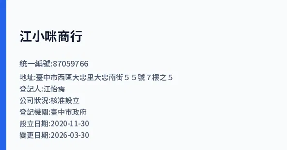 江小咪商行的照片-統編 87059766(臺中市) 公司登記資料與營業項目詳細圖表