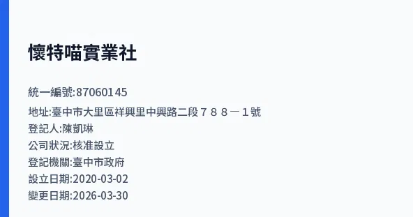 懷特喵實業社的照片-統編 87060145(臺中市) 公司登記資料與營業項目詳細圖表