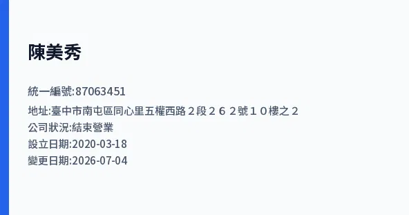 陳美秀的照片-統編 87063451(臺中市) 公司登記資料與營業項目詳細圖表
