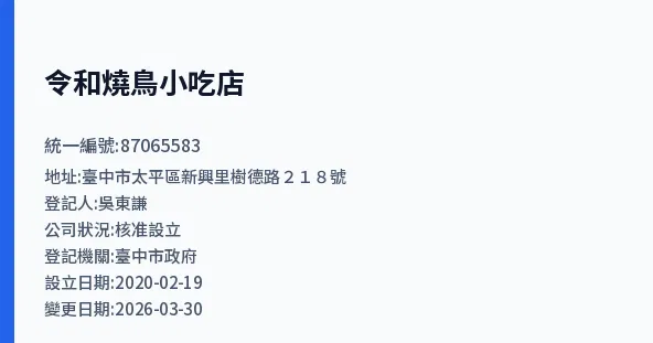 令和燒鳥小吃店的照片-統編 87065583(臺中市) 公司登記資料與營業項目詳細圖表
