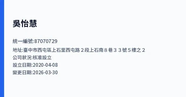 吳怡慧的照片-統編 87070729(臺中市) 公司登記資料與營業項目詳細圖表