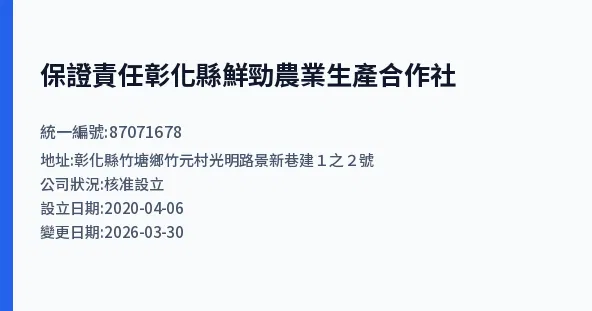 保證責任彰化縣鮮勁農業生產合作社的照片-統編 87071678(彰化縣) 公司登記資料與營業項目詳細圖表