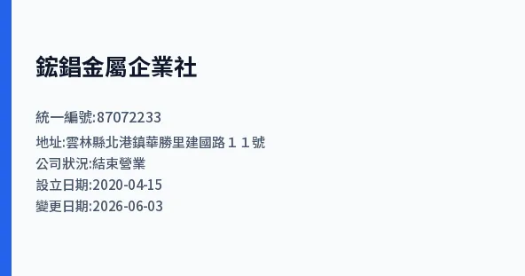 鋐錩金屬企業社的照片-統編 87072233(雲林縣) 公司登記資料與營業項目詳細圖表