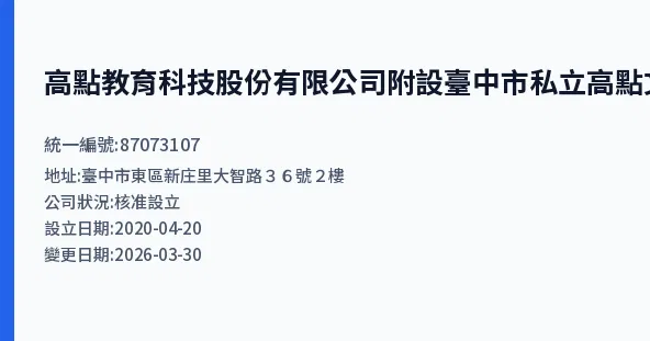 高點教育科技股份有限公司附設臺中市私立高點文理短期補習班的照片-統編 87073107(臺中市) 公司登記資料與營業項目詳細圖表