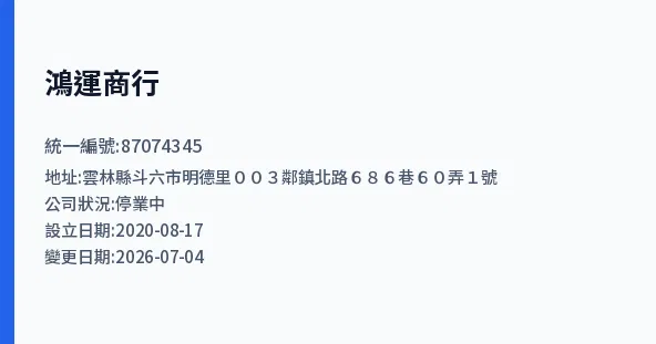 鴻運商行的照片-統編 87074345(雲林縣) 公司登記資料與營業項目詳細圖表