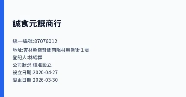 誠食元饌商行的照片-統編 87076012(雲林縣) 公司登記資料與營業項目詳細圖表
