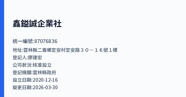 鑫鎰誠企業社的照片-統編 87076836(雲林縣) 公司登記資料與營業項目詳細圖表