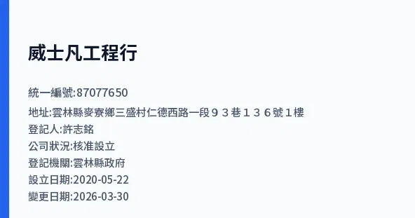 威士凡工程行的照片-統編 87077650(雲林縣) 公司登記資料與營業項目詳細圖表