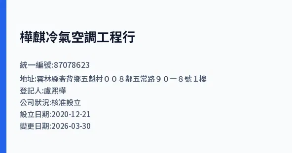 樺麒冷氣空調工程行的照片-統編 87078623(雲林縣) 公司登記資料與營業項目詳細圖表