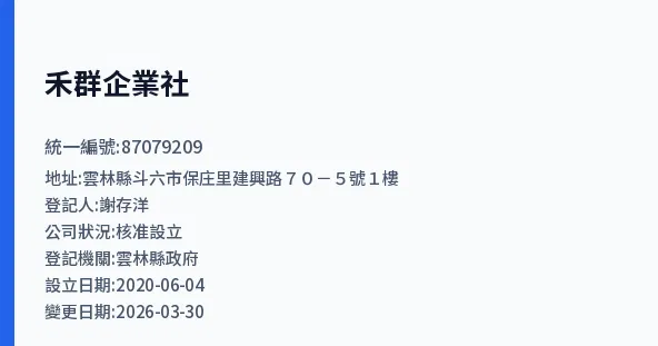 禾群企業社的照片-統編 87079209(雲林縣) 公司登記資料與營業項目詳細圖表