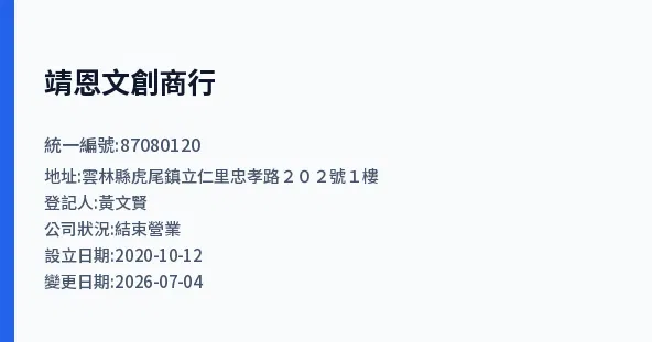 靖恩文創商行的照片-統編 87080120(雲林縣) 公司登記資料與營業項目詳細圖表