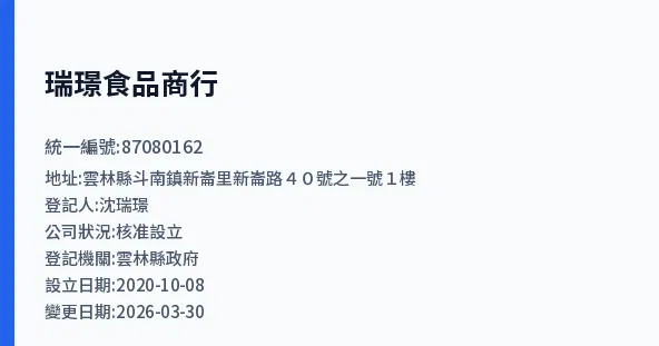 瑞璟食品商行的照片-統編 87080162(雲林縣) 公司登記資料與營業項目詳細圖表