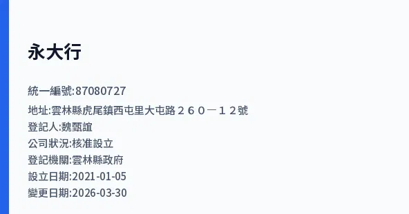 永大行的照片-統編 87080727(雲林縣) 公司登記資料與營業項目詳細圖表
