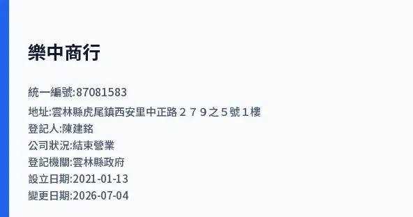 樂中商行的照片-統編 87081583(雲林縣) 公司登記資料與營業項目詳細圖表