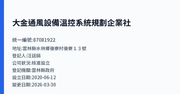 大金通風設備溫控系統規劃企業社的照片-統編 87081922(雲林縣) 公司登記資料與營業項目詳細圖表