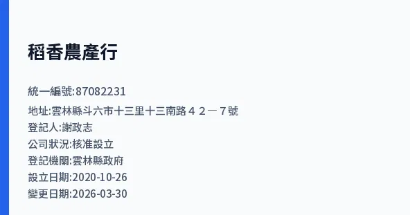 稻香農產行的照片-統編 87082231(雲林縣) 公司登記資料與營業項目詳細圖表