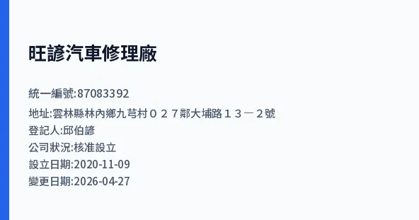 旺諺汽車修理廠的照片-統編 87083392(雲林縣) 公司登記資料與營業項目詳細圖表