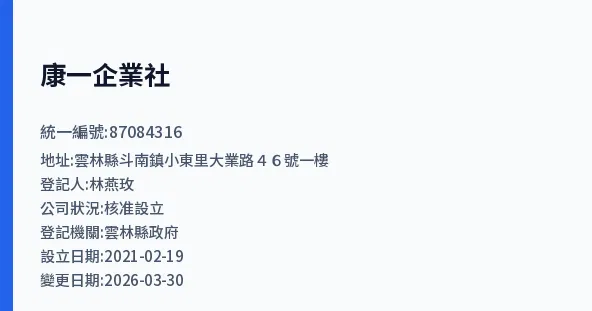 康一企業社的照片-統編 87084316(雲林縣) 公司登記資料與營業項目詳細圖表