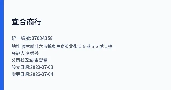 宜合商行的照片-統編 87084358(雲林縣) 公司登記資料與營業項目詳細圖表