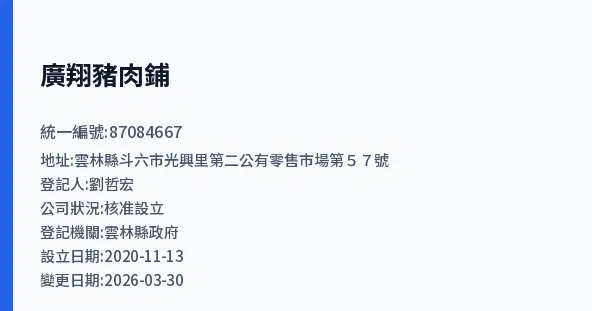 廣翔豬肉鋪的照片-統編 87084667(雲林縣) 公司登記資料與營業項目詳細圖表
