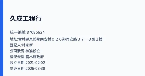 久成工程行的照片-統編 87085624(雲林縣) 公司登記資料與營業項目詳細圖表
