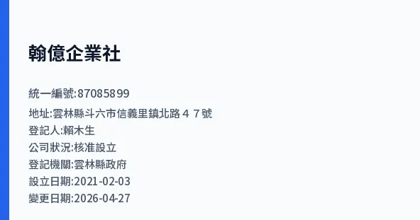 翰億企業社的照片-統編 87085899(雲林縣) 公司登記資料與營業項目詳細圖表