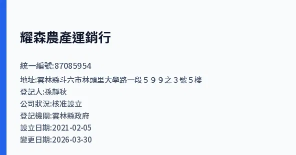 耀森農產運銷行的照片-統編 87085954(雲林縣) 公司登記資料與營業項目詳細圖表