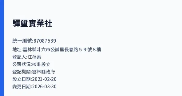 驛璽實業社的照片-統編 87087539(雲林縣) 公司登記資料與營業項目詳細圖表