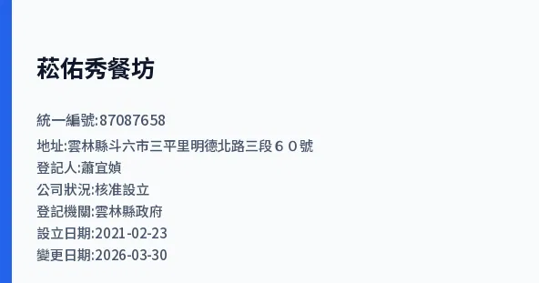 菘佑秀餐坊的照片-統編 87087658(雲林縣) 公司登記資料與營業項目詳細圖表