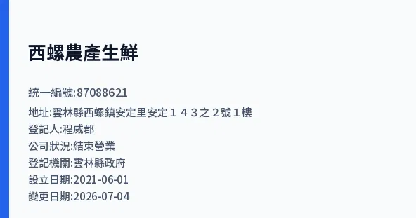 西螺農產生鮮的照片-統編 87088621(雲林縣) 公司登記資料與營業項目詳細圖表