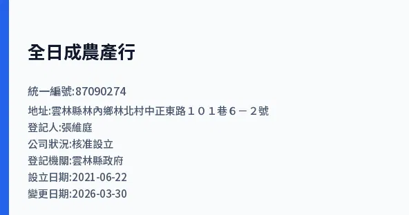 全日成農產行的照片-統編 87090274(雲林縣) 公司登記資料與營業項目詳細圖表