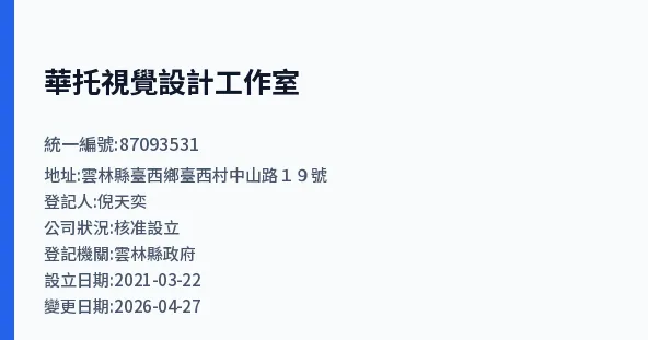 華托視覺設計工作室的照片-統編 87093531(雲林縣) 公司登記資料與營業項目詳細圖表