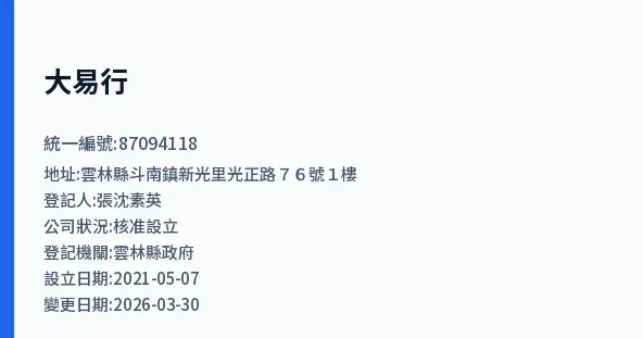 大易行的照片-統編 87094118(雲林縣) 公司登記資料與營業項目詳細圖表