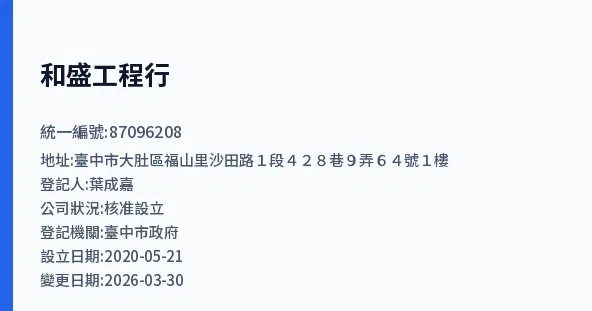 和盛工程行的照片-統編 87096208(臺中市) 公司登記資料與營業項目詳細圖表