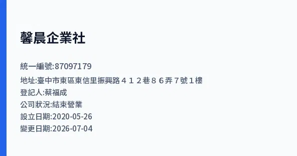 馨晨企業社的照片-統編 87097179(臺中市) 公司登記資料與營業項目詳細圖表