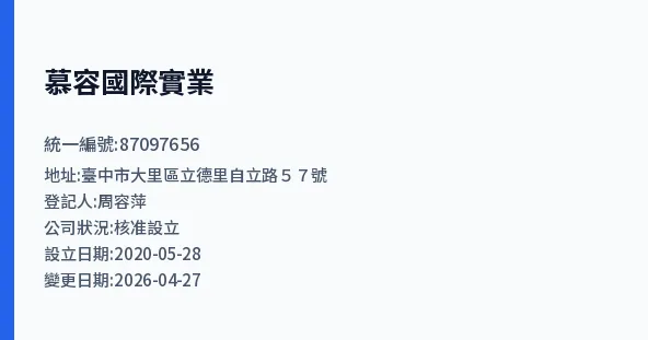 慕容國際實業的照片-統編 87097656(臺中市) 公司登記資料與營業項目詳細圖表