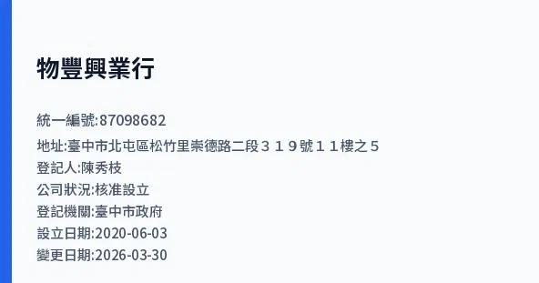物豐興業行的照片-統編 87098682(臺中市) 公司登記資料與營業項目詳細圖表