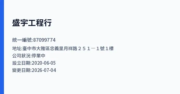 盛宇工程行的照片-統編 87099774(臺中市) 公司登記資料與營業項目詳細圖表