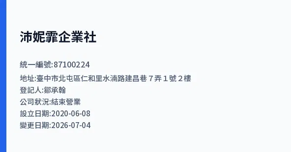 沛妮霏企業社的照片-統編 87100224(臺中市) 公司登記資料與營業項目詳細圖表