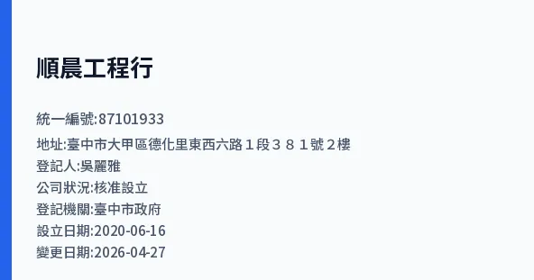 順晨工程行的照片-統編 87101933(臺中市) 公司登記資料與營業項目詳細圖表