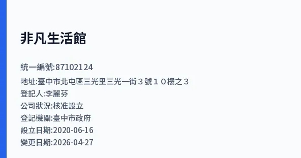 非凡生活館的照片-統編 87102124(臺中市) 公司登記資料與營業項目詳細圖表
