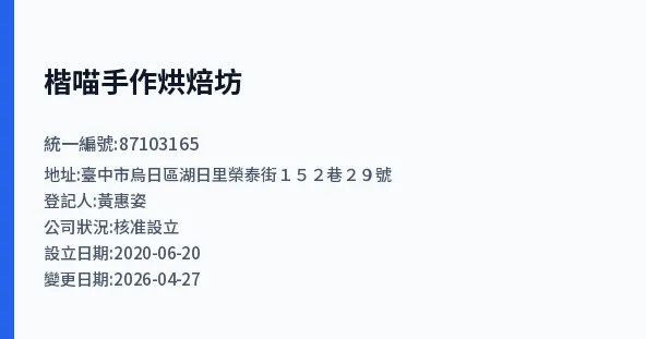 楷喵手作烘焙坊的照片-統編 87103165(臺中市) 公司登記資料與營業項目詳細圖表