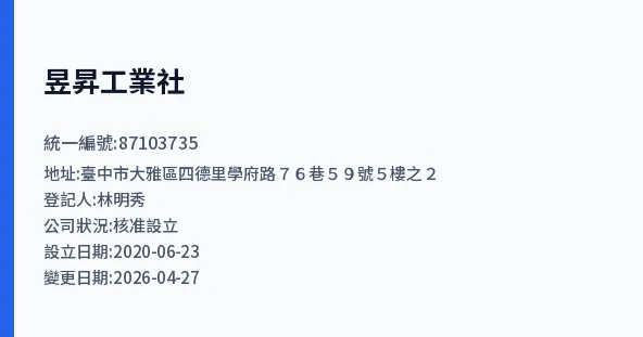 昱昇工業社的照片-統編 87103735(臺中市) 公司登記資料與營業項目詳細圖表