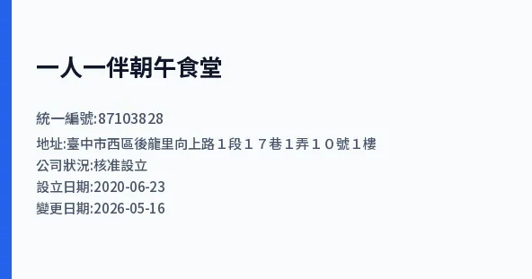 一人一伴朝午食堂的照片-統編 87103828(臺中市) 公司登記資料與營業項目詳細圖表
