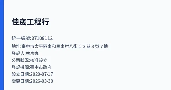 佳宬工程行的照片-統編 87108112(臺中市) 公司登記資料與營業項目詳細圖表