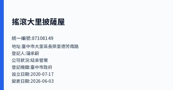 搖滾大里披薩屋的照片-統編 87108149(臺中市) 公司登記資料與營業項目詳細圖表