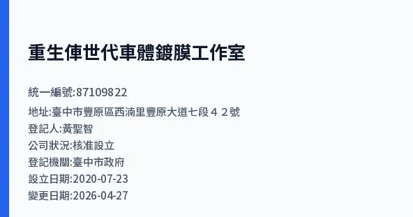 重生俥世代車體鍍膜工作室的照片-統編 87109822(臺中市) 公司登記資料與營業項目詳細圖表