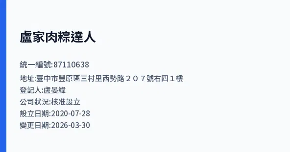 盧家肉粽達人的照片-統編 87110638(臺中市) 公司登記資料與營業項目詳細圖表
