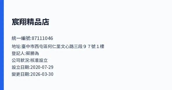宸翔精品店的照片-統編 87111046(臺中市) 公司登記資料與營業項目詳細圖表