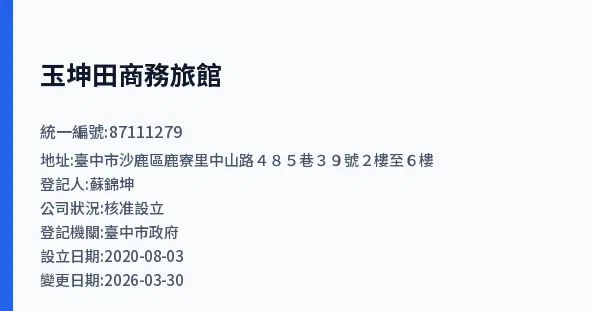 玉坤田商務旅館的照片-統編 87111279(臺中市) 公司登記資料與營業項目詳細圖表